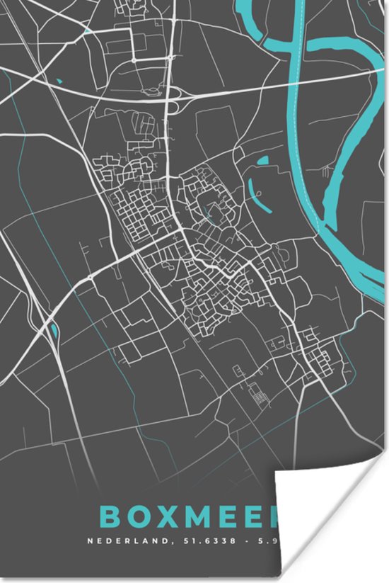 Poster Boxmeer - Stadskaart - Blauw - Kaart - Plattegrond - 80x120 cm | bol