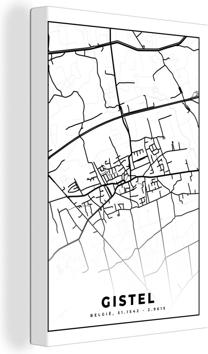 Peinture sur Toile Carte - Gistel - Zwart Wit - Plan de Ville - België ...