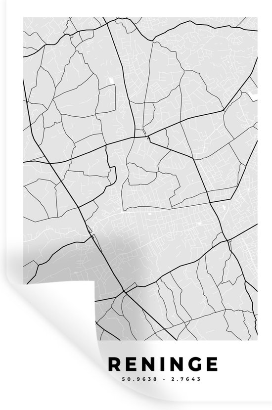 Muurstickers - Stadskaart – Zwart Wit - Kaart – Lo Reninge – België ...