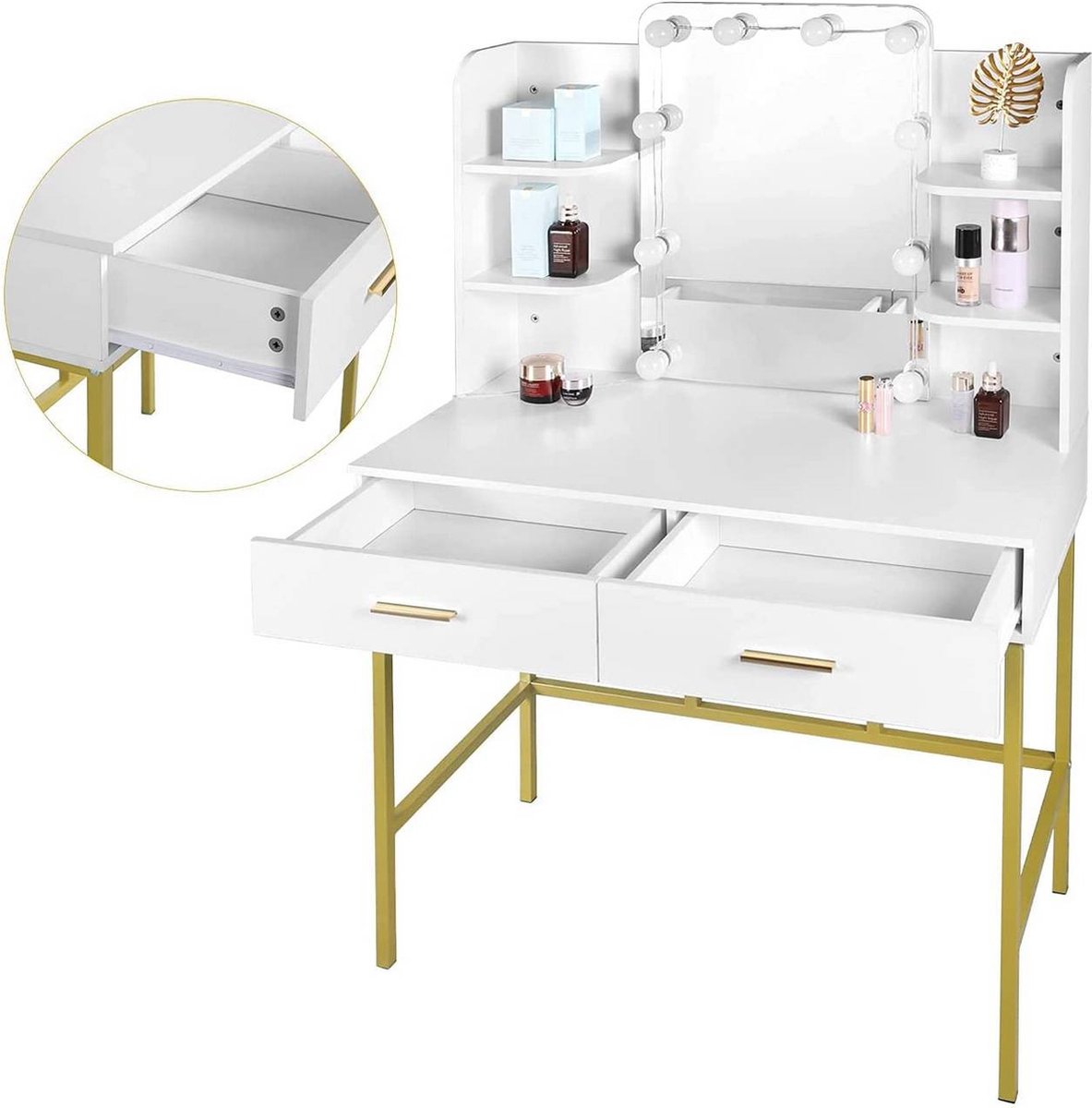 Dressing Tafel Met Spiegel Met LED Verlichting 2 Lades Wit En Goud ...