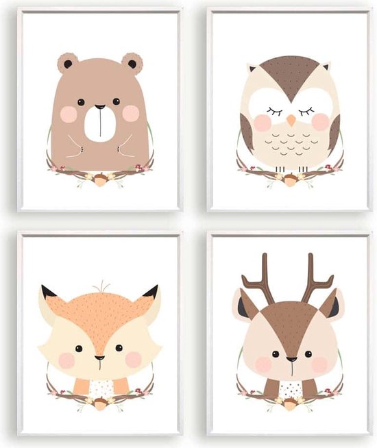 Poster Set 4 Lieve vos beer hert uil – Bos dieren / Bos / 80x60cm | bol