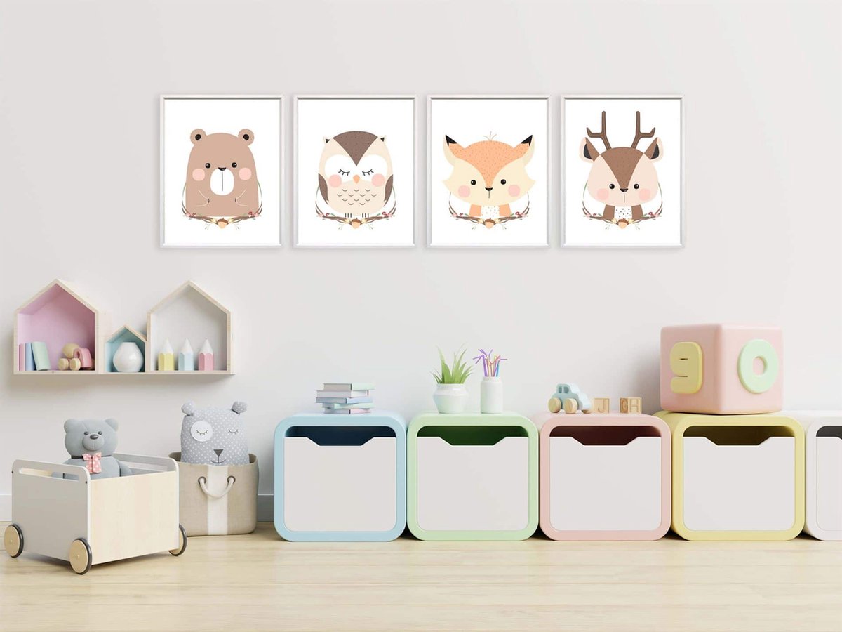 Schilderij Set 4 Lieve vos beer hert uil – Bos dieren / Bos / 50x40cm ...