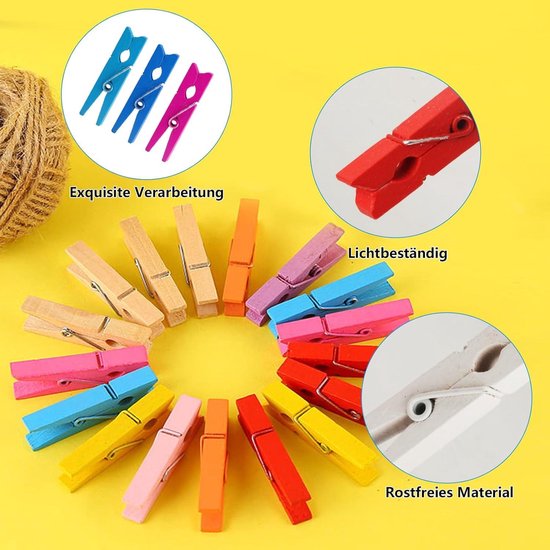 Premium - Houten knijpers 200 stuks, klein, kleurrijk, mini-wasknijpers ...