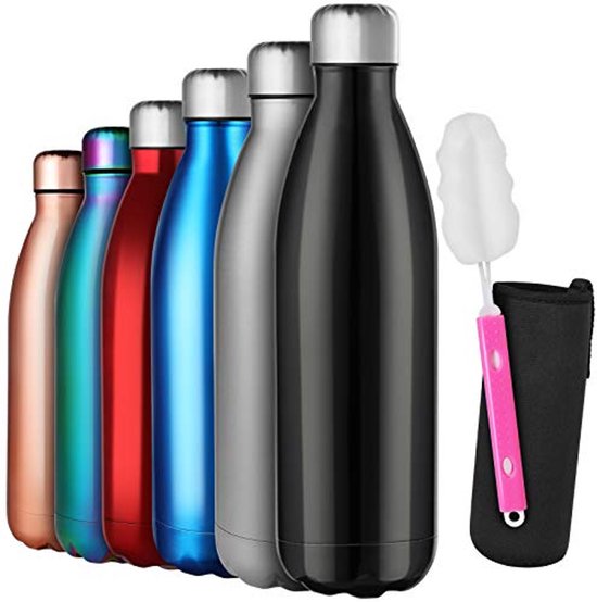 RVS Waterfles Dubbelwandig 1 Liter - Vacuüm Geïsoleerd voor 12 Uur Warm ...
