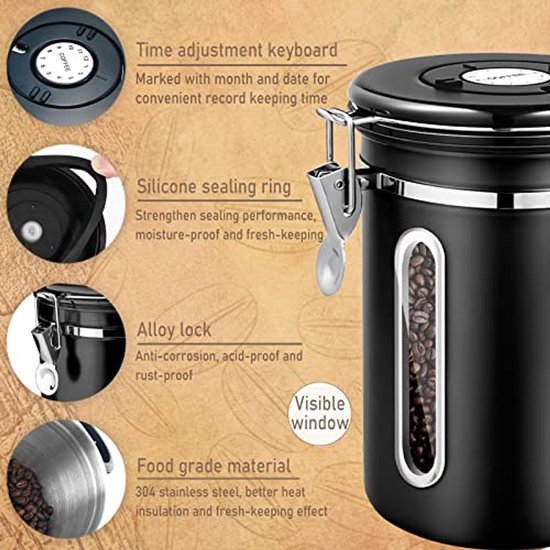 Airtight Stainless Steel Coffee Tin - 1.8L Coffee Bean Container with ...