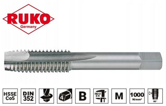 Ruko M8 machinaal kobalt tap, kort, HSSE-Co5, DIN 352 B | bol