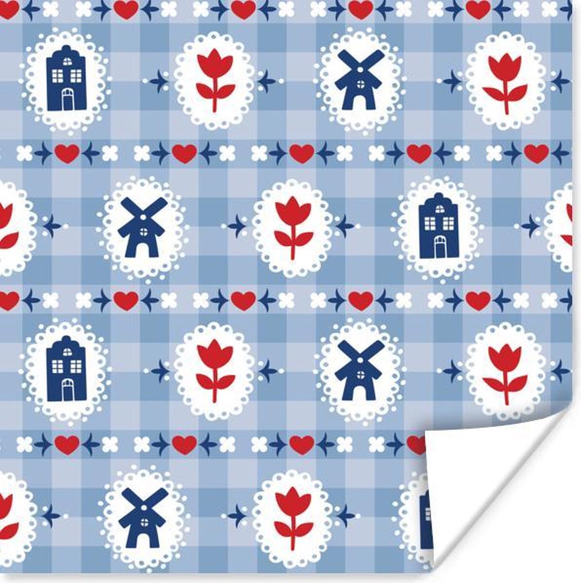 Poster Illustratie van een Delfts blauw patroon met typisch Nederlandse ...