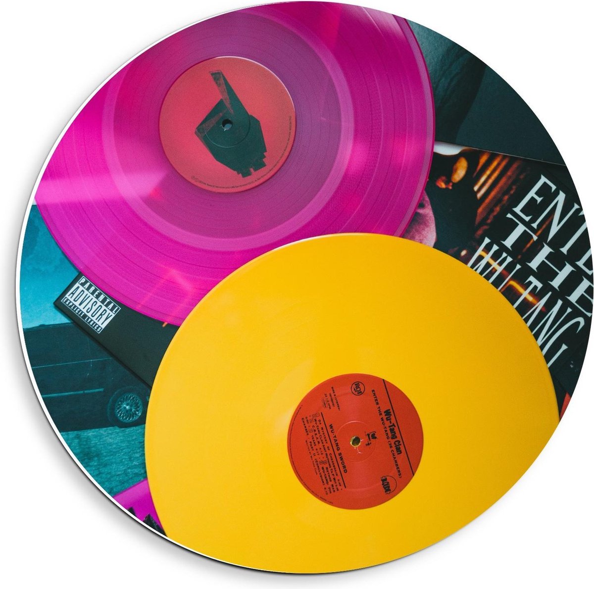 Forex Wandcirkel - Gele/.Roze LP Plaat - 40x40cm Foto op Wandcirkel ...