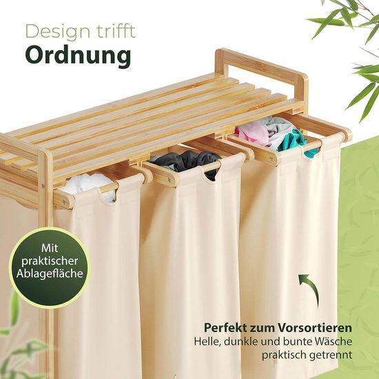 Wasmand beige – 3 vakken met plank voor vuile was – 90L bamboe ...