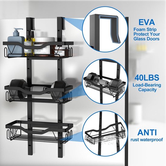 3-Level Stainless Steel Hanging Shower Rack for Glass Door Bathroom ...