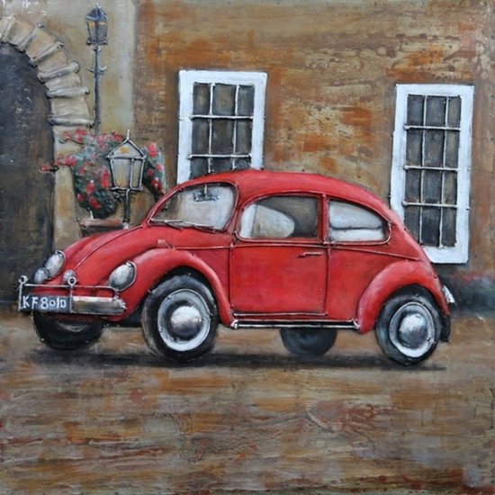 3D Metaalschilderij - Rode Volkswagen Kever - 60 x 3 x 60 cm | bol
