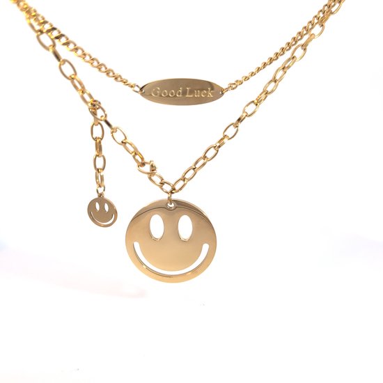 Dubbele gouden schakel ketting met Smileys en Good Luck hangertje | bol