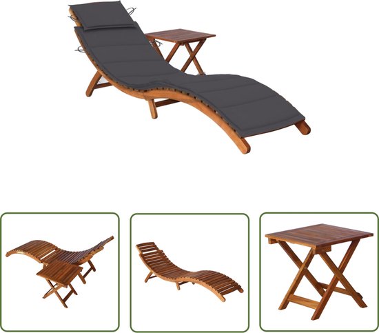 The Living Store Houten ligbed - Loungebed en tafel - Antraciet kussen ...