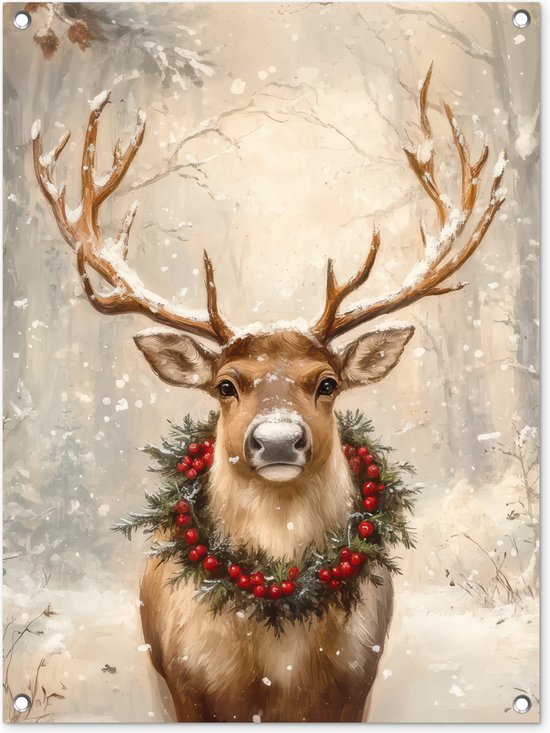 Tuinposter 60x80 cm - Tuindecoratie Kerst - Rendier - Winter - Krans ...