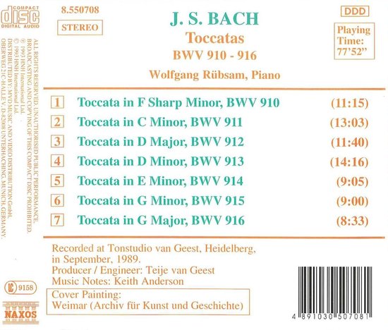 Wolfgang Rübsam - Toccatas Bwv 910-916 (CD), Wolfgang Rubsam | Muziek | bol