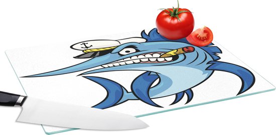 Glazen Snijplank - 39x28 - tekening van een cartoon van een rokende vis ...