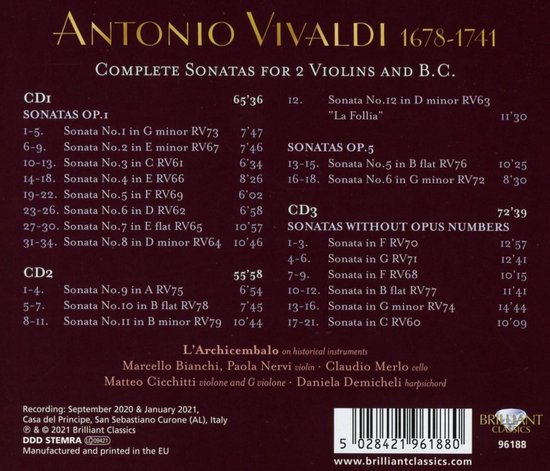L'archicembalo - Vivaldi: Complete Sonatas For 2 Violins And B.C. (CD), L'Archicembalo... | bol