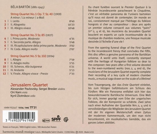 Jerusalem String Quartet - Bela Bartok: String Quartets Nos 2, 5, And 8, Vol. One... | bol