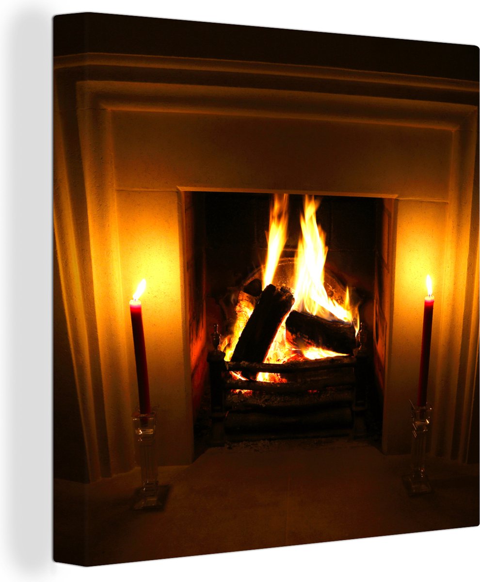 Tableau Peinture Cheminée dans une pièce sombre - 20x20 cm - Décoration ...