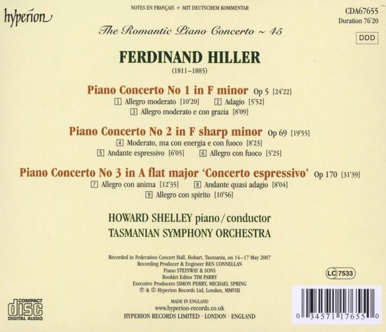 Tasmanian Symphony Orchestra, Howard Shelley - Hiller: Romantic Piano Concerto Vol 45... | bol