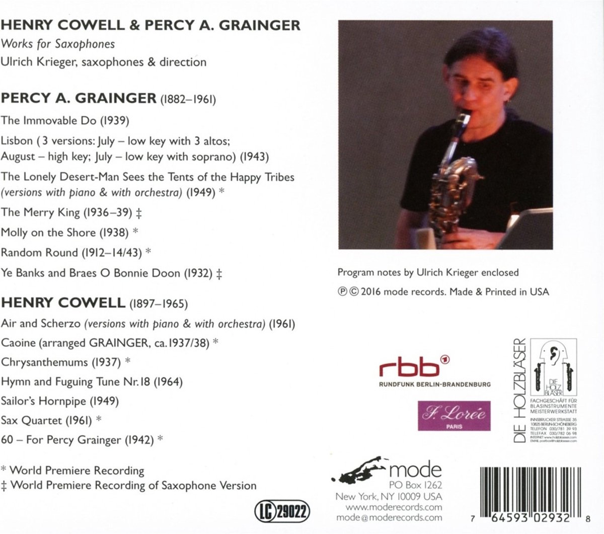 Ulrich Krieger - Henry Cowell / Percy Grainger: Complete Music With (CD ...