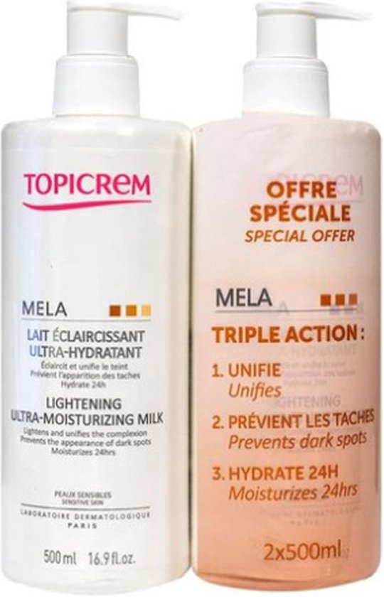 Topicrem Soin Corps Mela Lait Eclaircissant Ultra-Hydratant 2x500ml ...