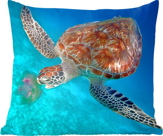 Sierkussen - Groene Schildpad Met Kwal - Blauw - 40 Cm X 40 Cm | bol