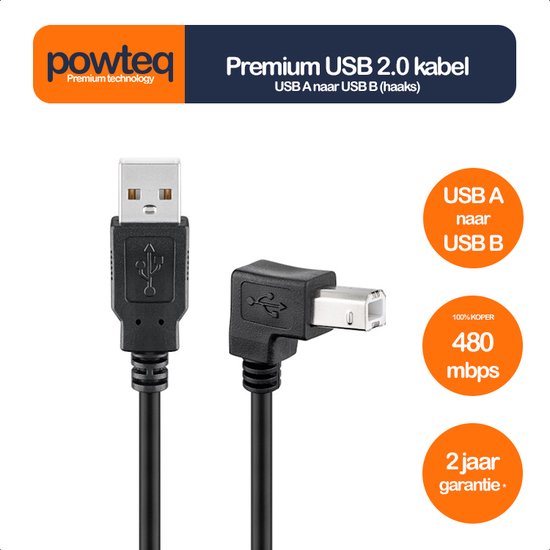 Powteq - Haakse 3 meter premium USB 2.0 kabel - USB A naar USB B - Haakse USB B... | bol