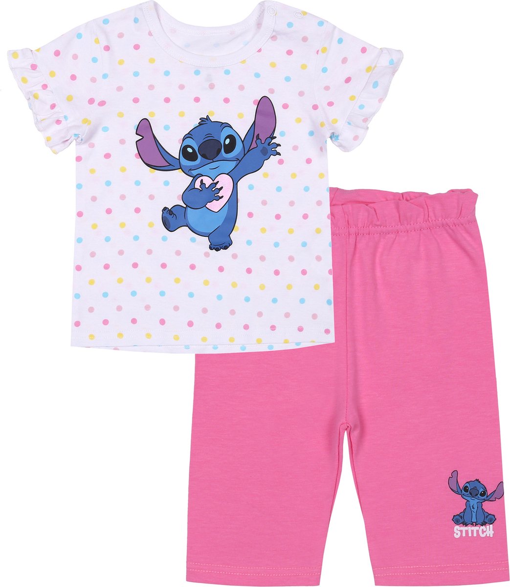 Disney Stitch - Wit en roze katoenen babyset met stippen, t-shirt en ...