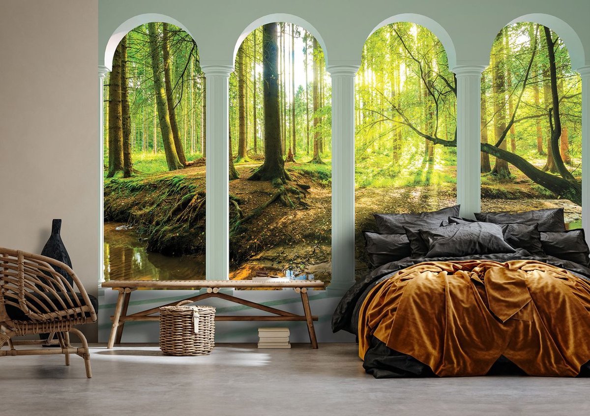 Fotobehang - Vlies Behang - 3D Uitzicht vanaf de Pilaren op het Bos ...