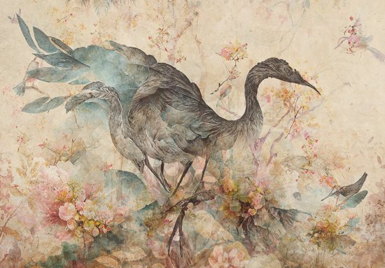 Vliesbehang - Fotobehang - Vogel - Kunst - Abstract - Bloemen - 254x368 cm (Hoogte x... | bol