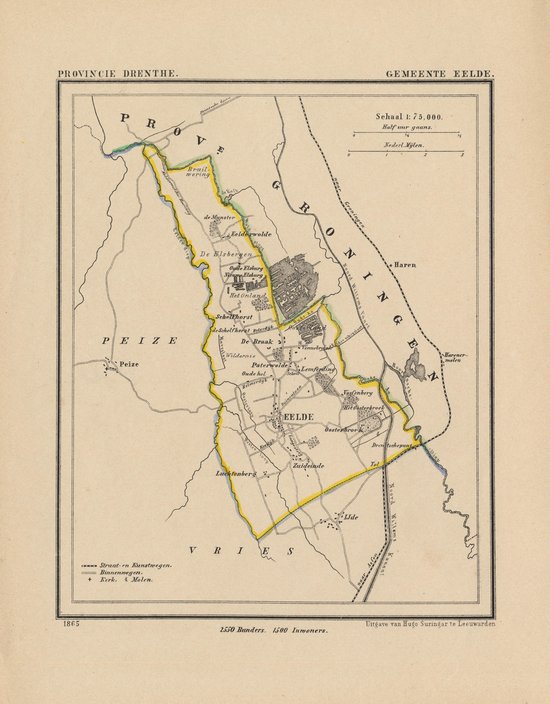 Historische kaart, plattegrond van gemeente Eelde in Drenthe uit 1867 ...