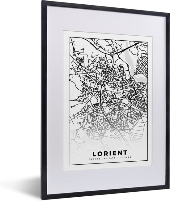 Fotolijst incl. Poster Zwart Wit- Plattegrond - Lorient - Kaart - Frankrijk -... | bol