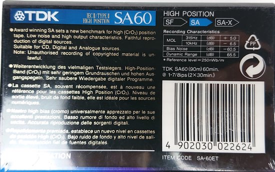 TDK SA60 High Position type II High Quality Cassettebandje | bol