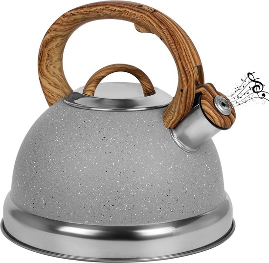 Light Grey Whistling Tea Kettle - 3L Tea Pot for Stovetop Induction Hob ...