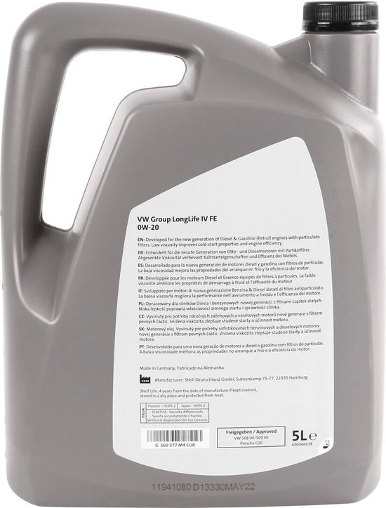 Originele VW 0W20 Motorolie 5L LongLife IV FE Audi Seat Skoda VW Cupra ...