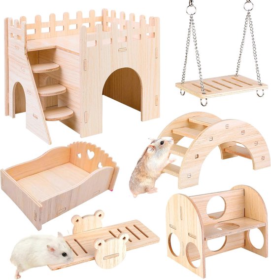 Hamsterspeelgoed van hout - 6 stuks, doe-het-zelf, schommelbrug en verstoppertje voor... | bol