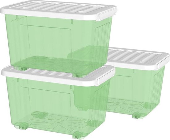 80L x 3 opbergdozen met wielen - plastic opbergdoos met deksel ...