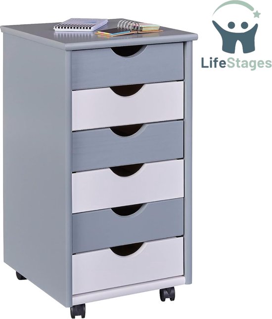 LifeStages - Ladekastje - Verrijdbare Ladekast met 6 Laden - Grijs ...
