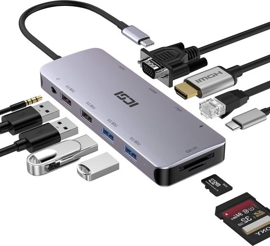 11-in-1 multiport Thunderbolt 3 Adapter met HDMI VGA Ethernet 4 USB ...