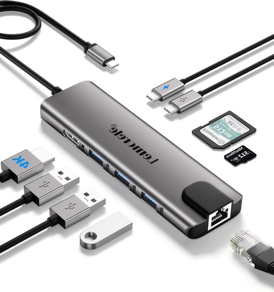 9-in-1 Aluminium USB-C Hub met Gigabit Ethernet, 4K HDMI, 100W PD, 3 USB-A, USB-C... | bol