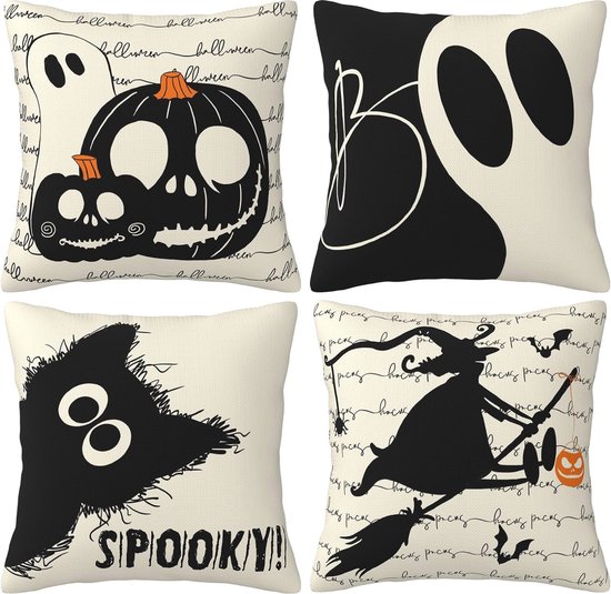 Halloween kussenslopen set van 4 – Zwarte kat, pompoen, geest en heks ...