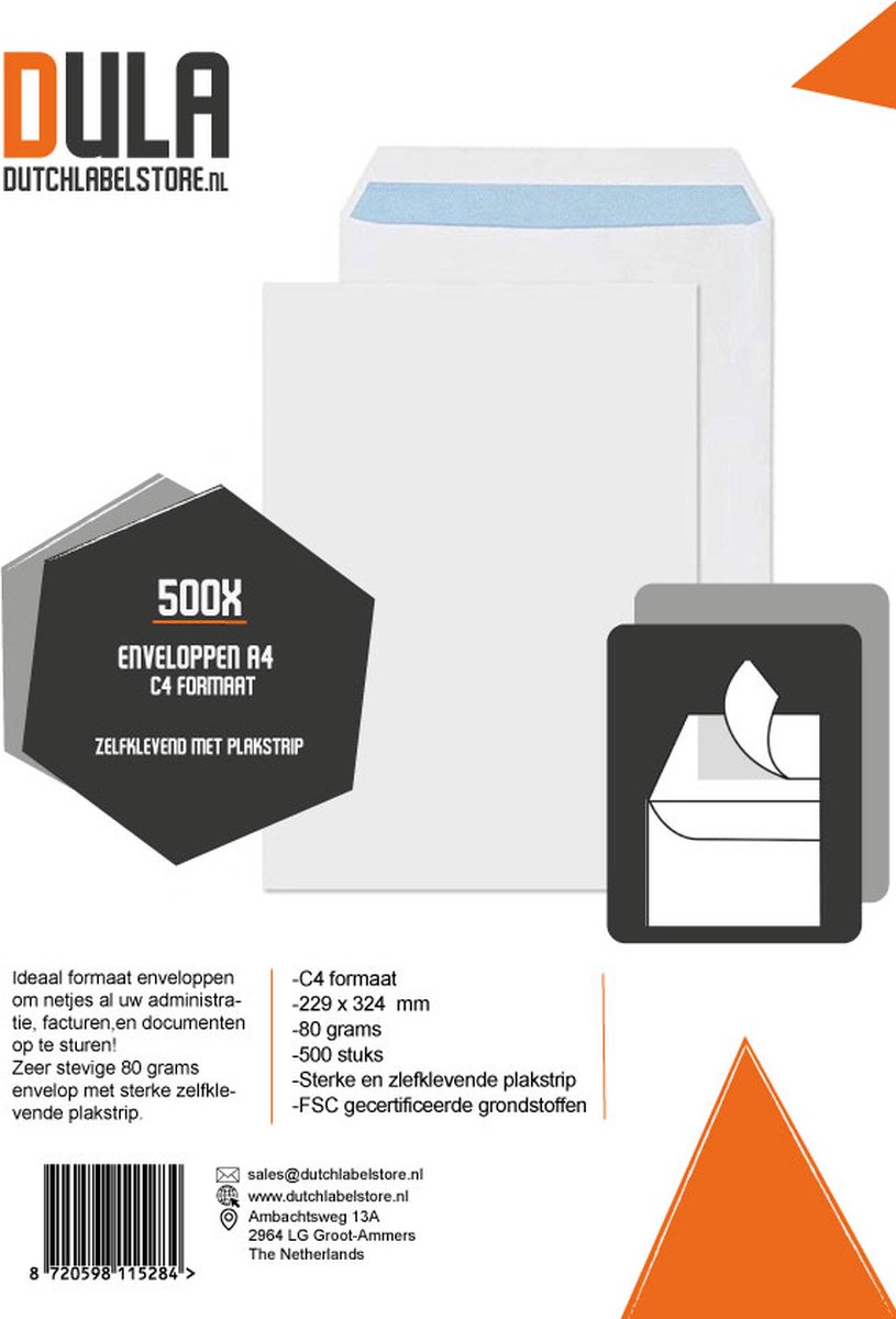 DULA - C4 Enveloppen A4 formaat wit - 229 x 324 MM - 500 stuks ...
