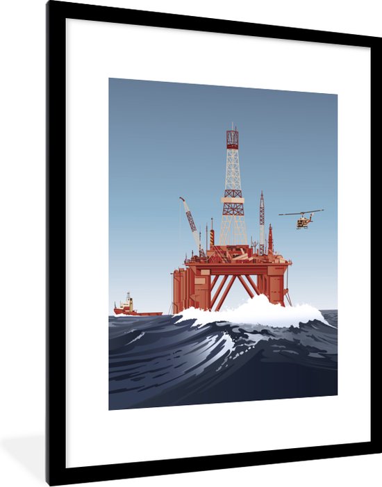 Fotolijst incl. Poster - tekening van een boorplatform met hoge golven ...