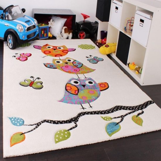 Trendy Kinder Vloerkleed Tapijt Uilen Vlinders CrÃ¨me 80 x 150 cm | bol.com