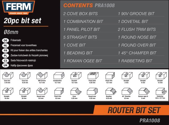 FERM Bovenfreesset - 20-delig - Voor hout - C2 Hardmetaal - In ...