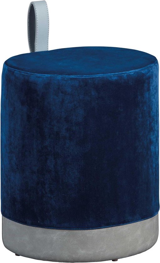 Blauwe en grijze fluwelen poef met kunstleren hengsel - 38 x 32,5 x 43 ...