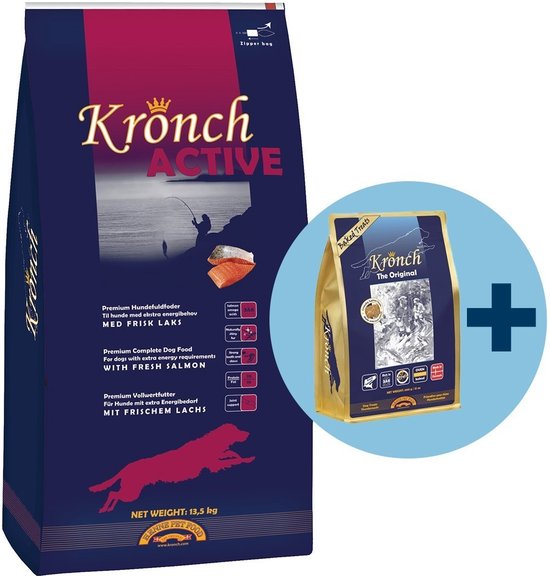 13,5 kg + 600 gr Kronch active adult met gratis kronch 100% zalmsnacks ...