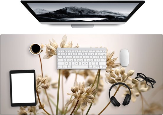 Bureau onderlegger 100x50 cm - Droogbloemen - Beige - Wit - Planten ...