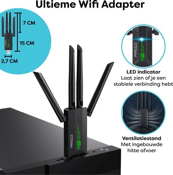 Phreeze WiFi USB Adapter - 1200 MB - 4 antennes - 2.4/5 Ghz - Dongle | bol